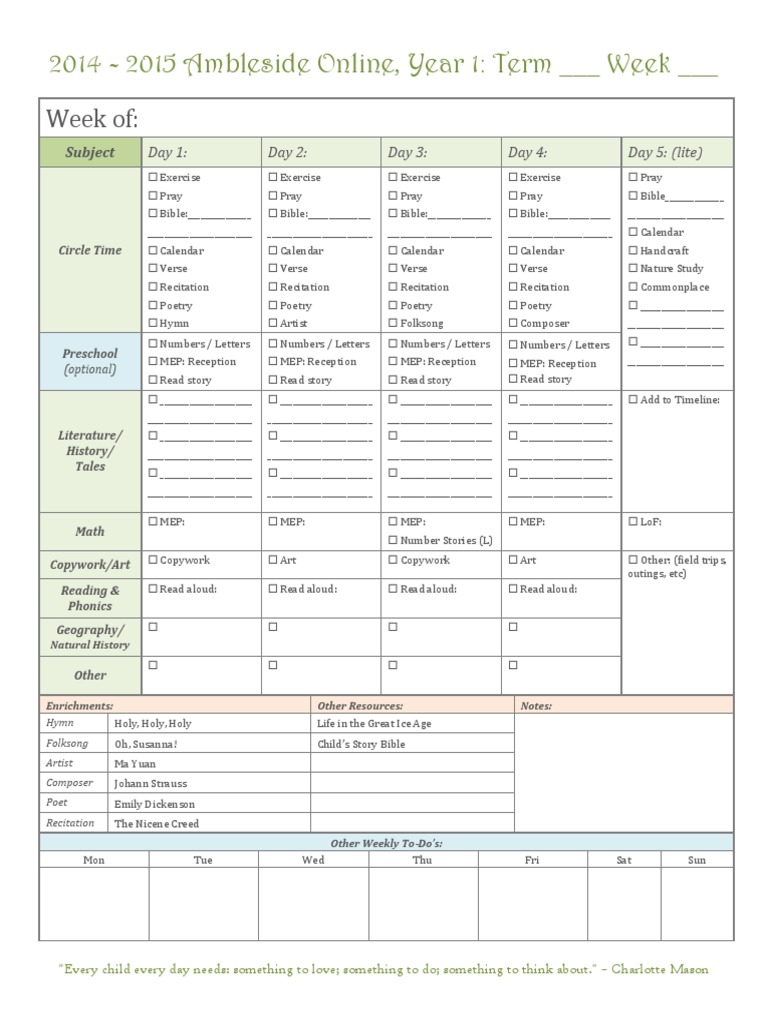 Ambleside Online Weekly Schedule Year 1 | PDF
