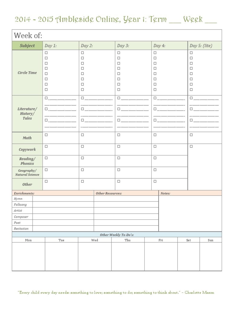 Ambleside Online Year 1 Weekly Schedule BLANK | PDF | Charlotte Mason ...