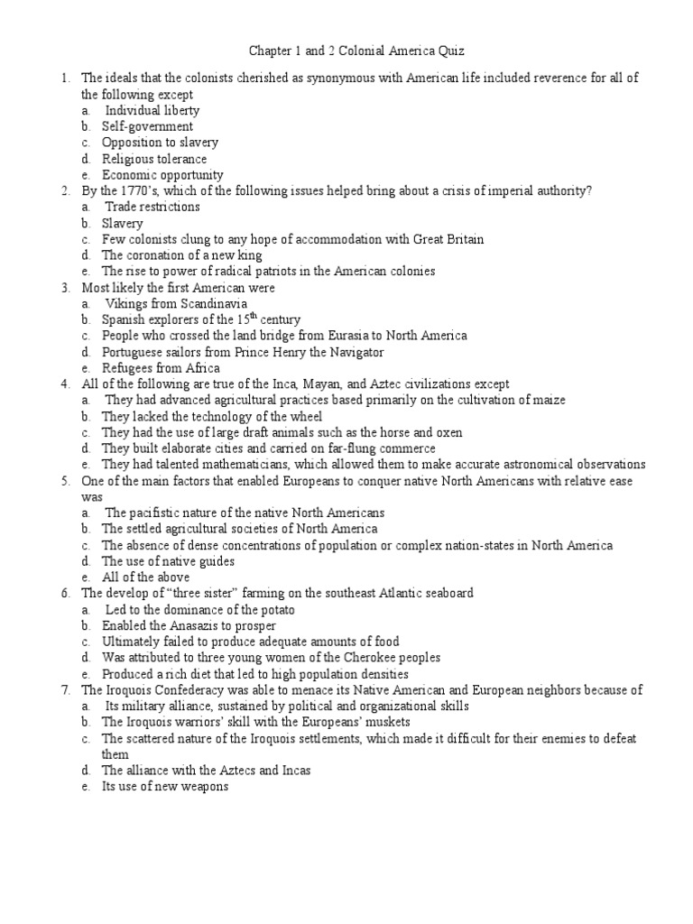 Chapter 1 and 2 Colonial America Quiz With Answer Key | Download Free ...