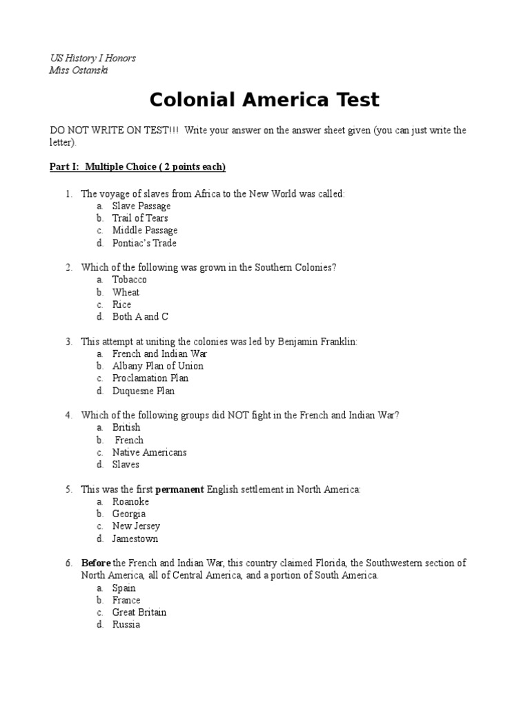 Colonial America Test | PDF | French And Indian War | Colonial History ...