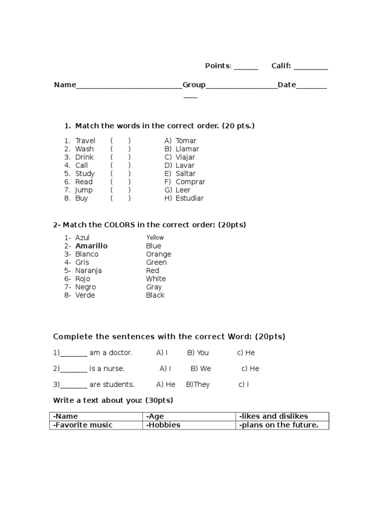 Spanish Vocabulary Matching Exercise | PDF