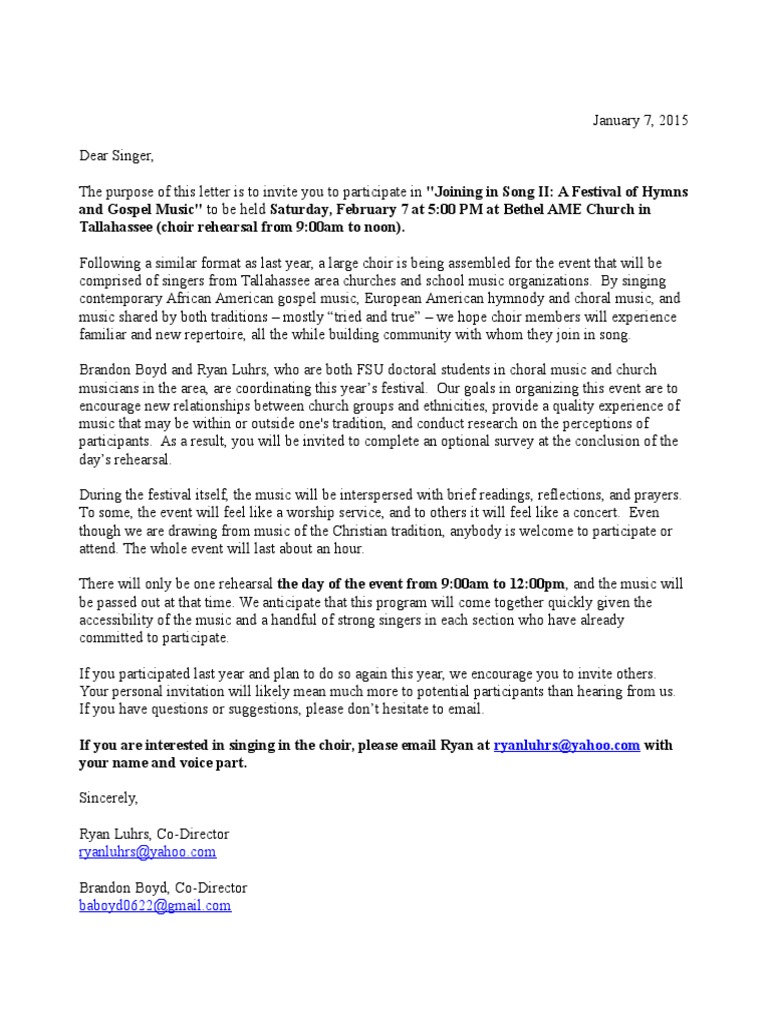 Festival Invitation Letter 2015 | Choir | Hymns