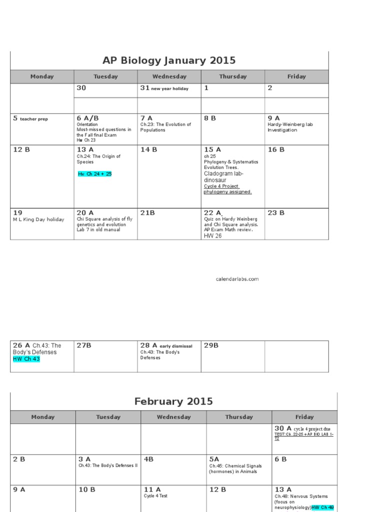 AP Biology January 2015: Monday Tuesday Wednesday Thursday Friday | PDF ...