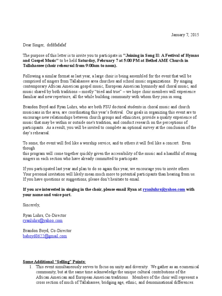 Choir Invitation Letter