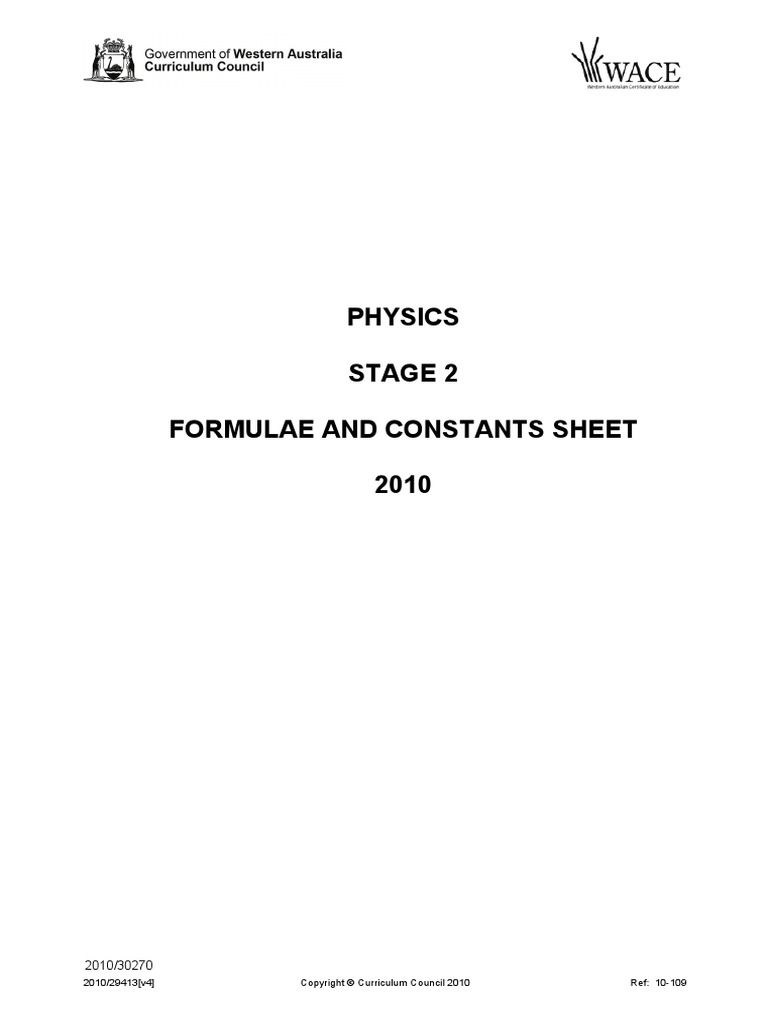 WACE Physics Stage 2 Formulae and Constants Sheet | PDF | Electronvolt ...