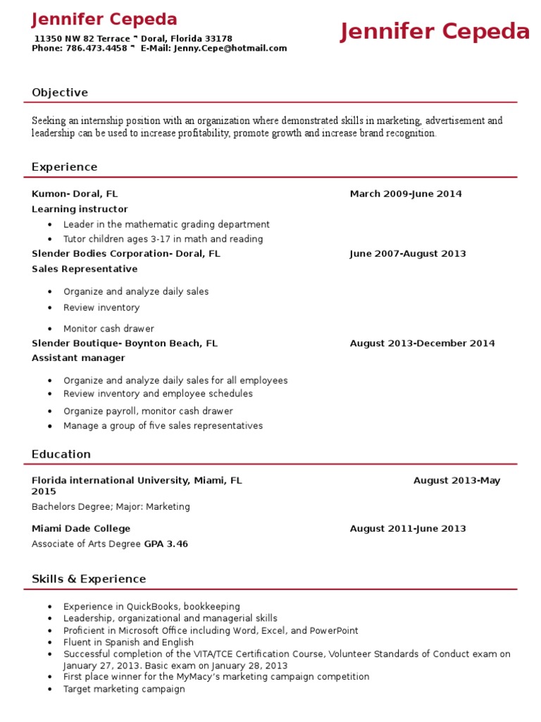 Jennifer Cepeda: Marketing Internship CV | PDF