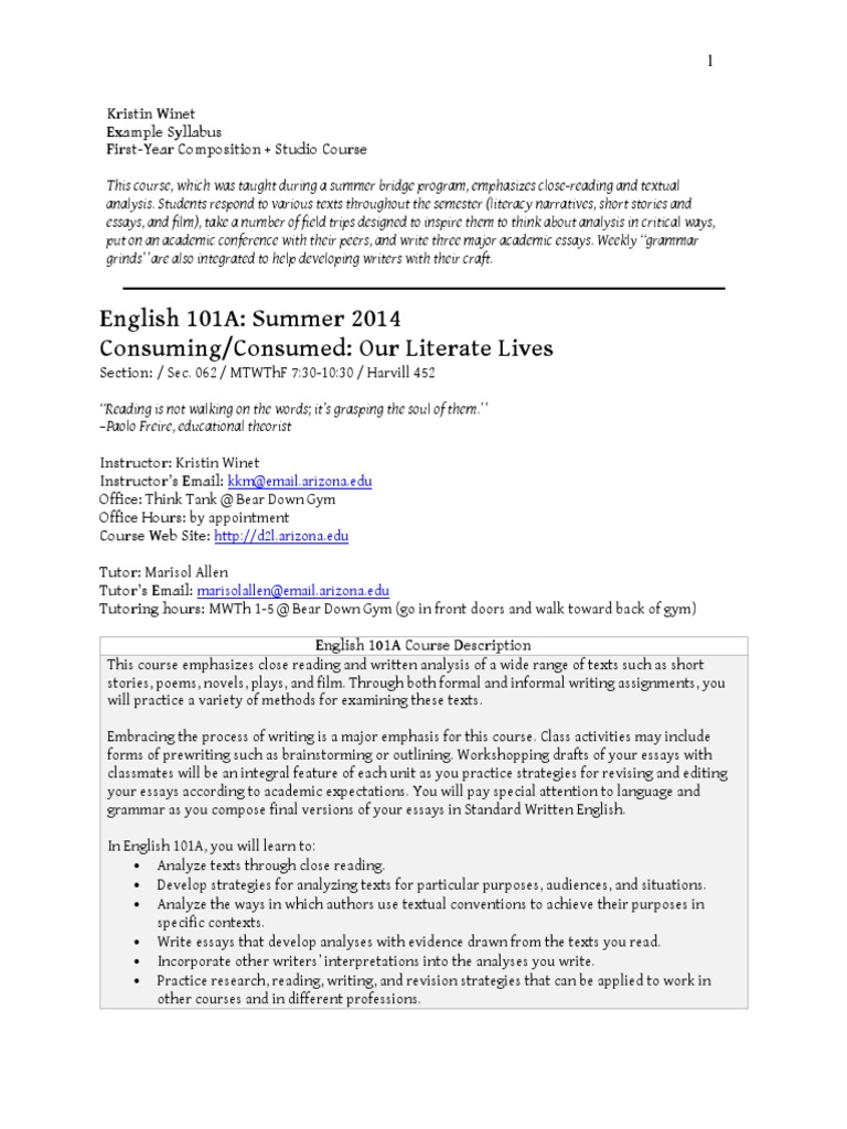 Sample Syllabi First-Year Writing + Advanced Composition | PDF ...