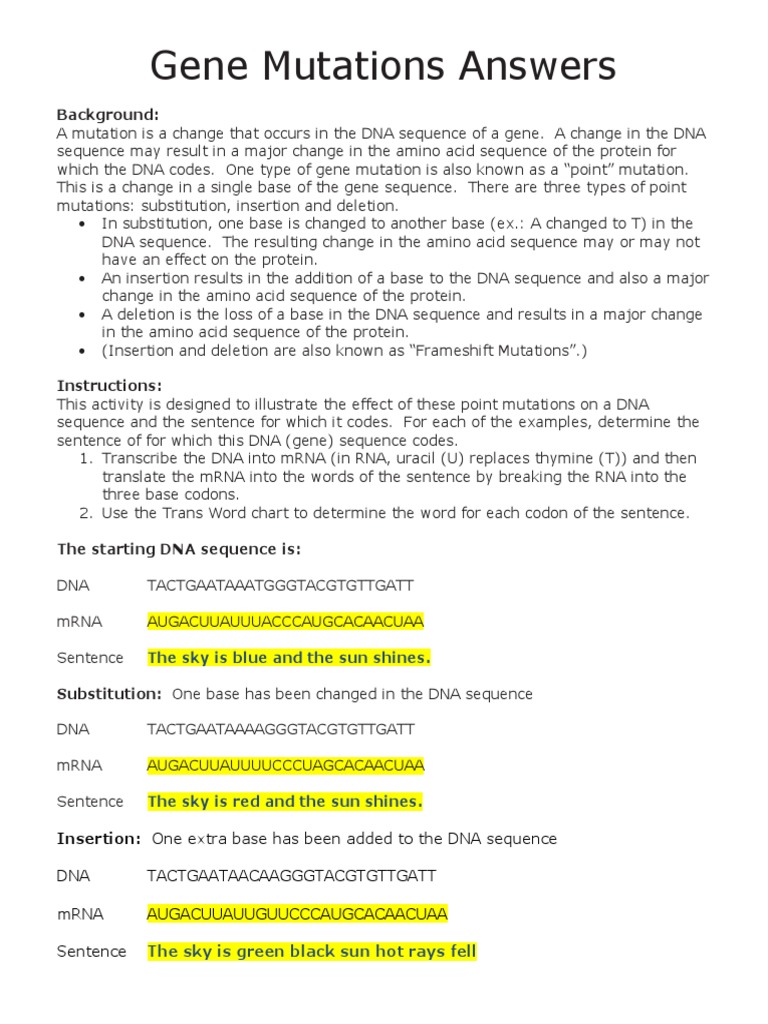 Mutations Practice - Key | PDF | Point Mutation | Nucleic Acid Sequence