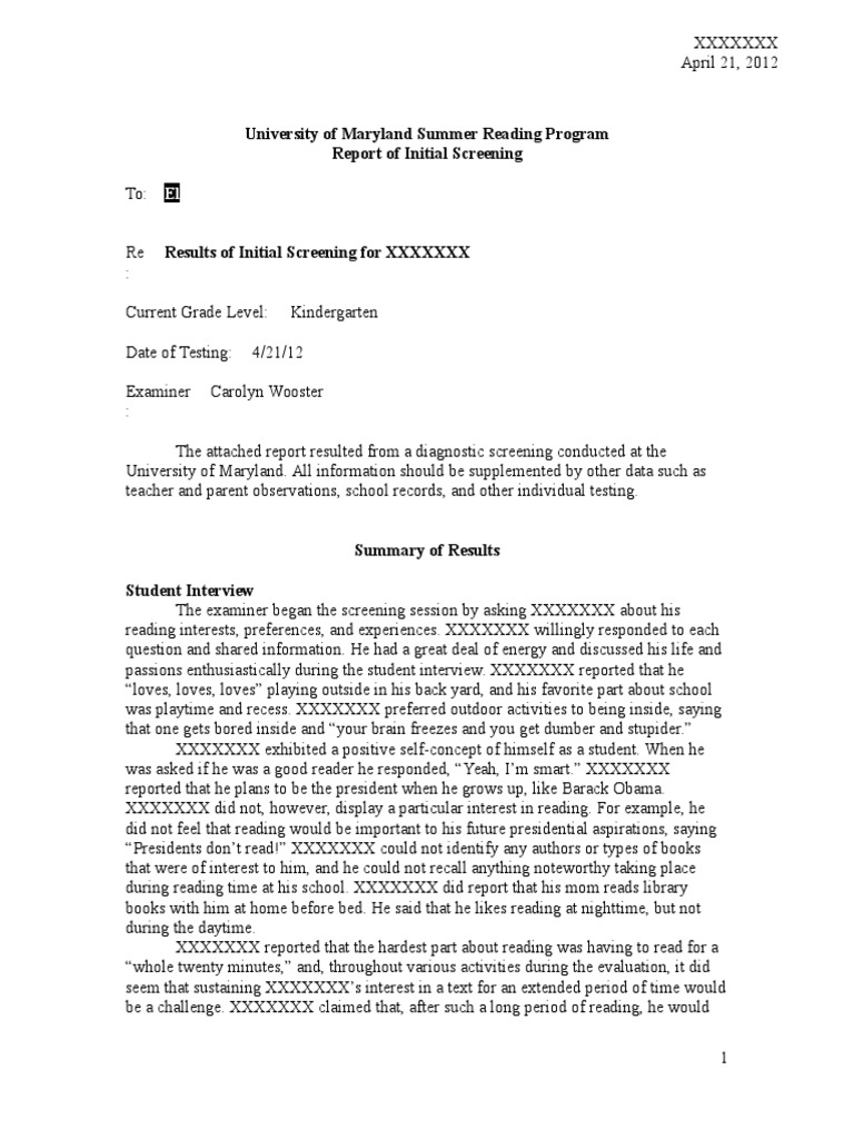 Kindergarten Reading Assessment Report | PDF | Reading Comprehension ...