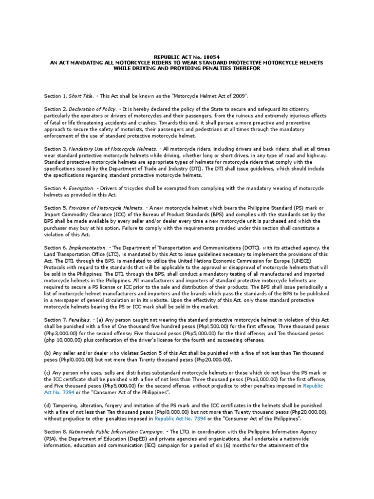 Republic Act No 10054 | PDF | Motorcycle | Traffic Collision