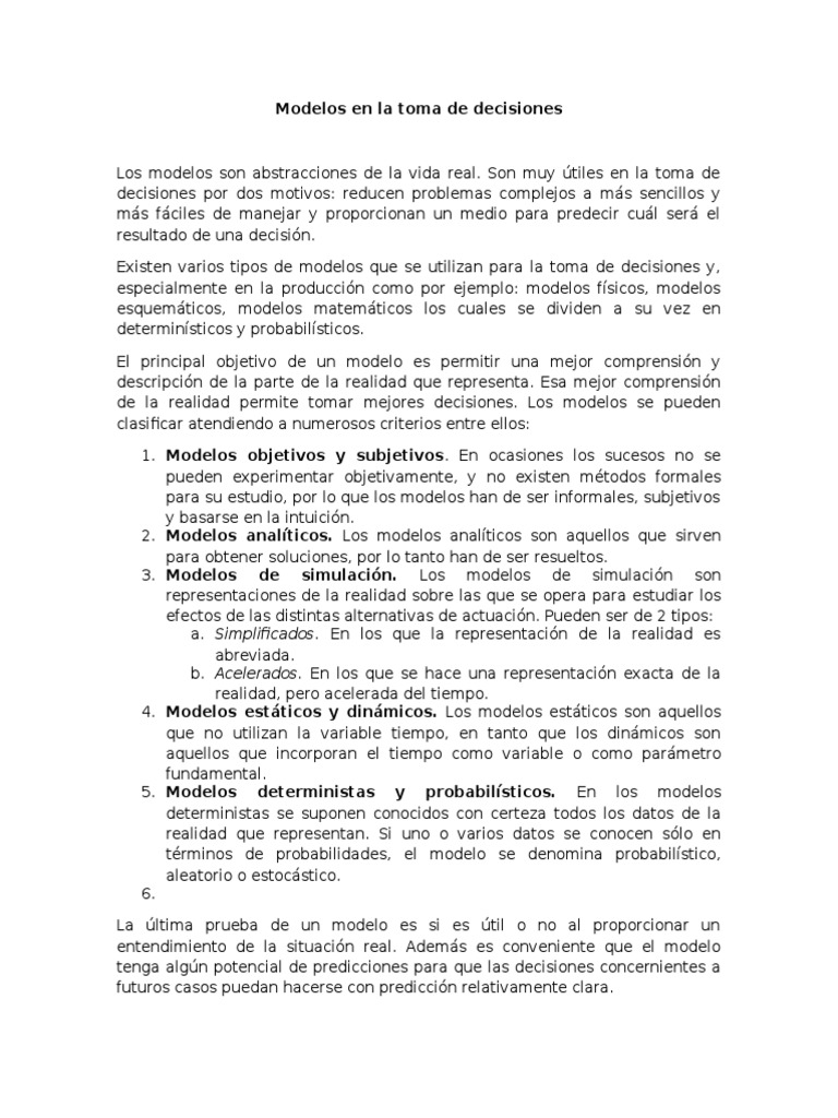 Modelos y Tipos de Decisiones | PDF | Toma de decisiones | Probabilidad