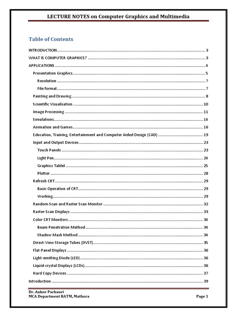 LECTURE NOTES On Computer Graphics and Multimedia: Dr. Ankur Pachauri ...
