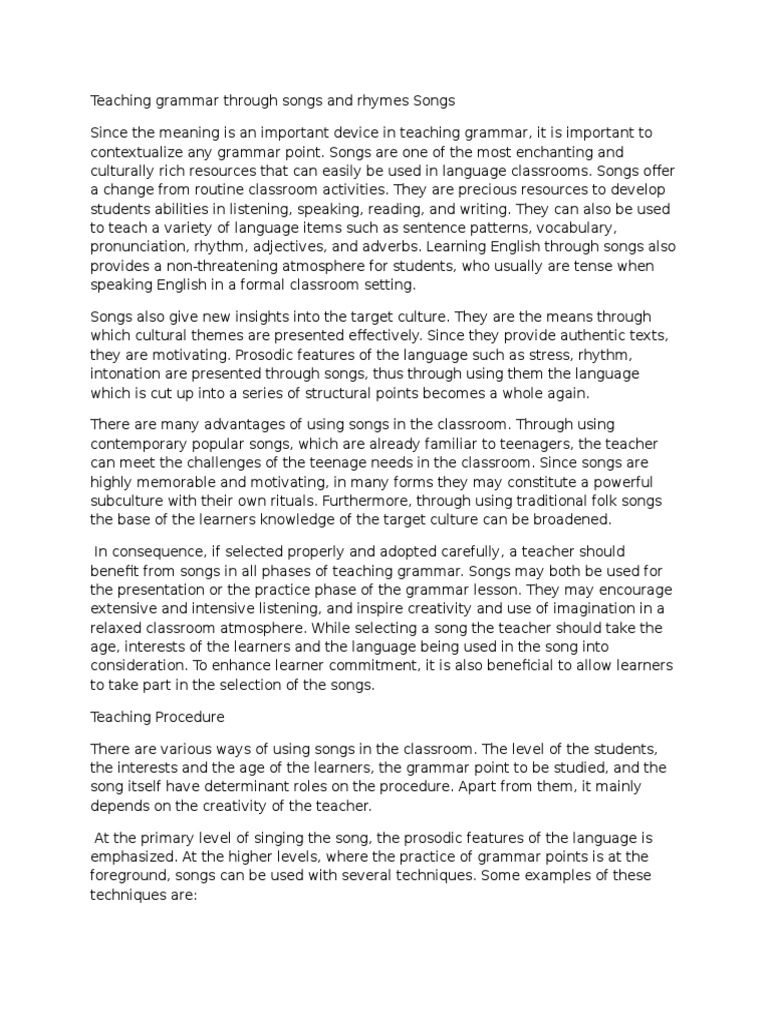 Teaching Grammar Through Songs and Rhymes Songs | PDF