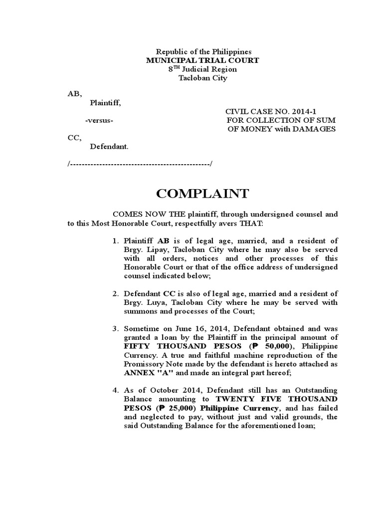 Complaint For Collection of Money | PDF | Lawsuit | Justice