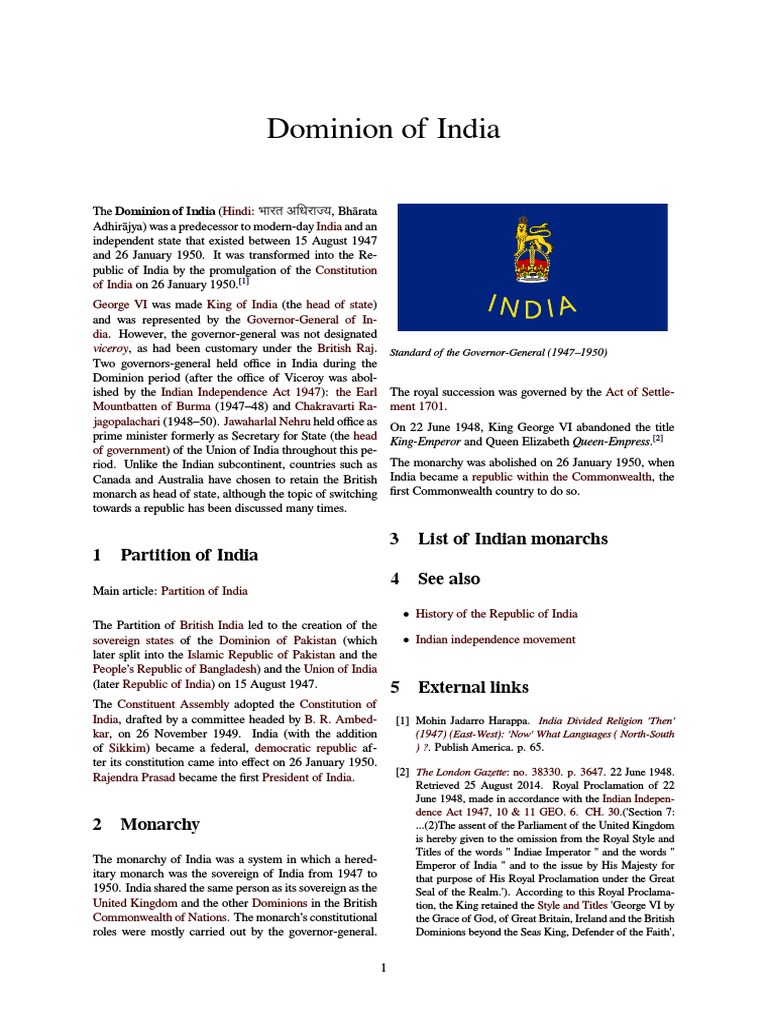 Dominion of India PDF | PDF | British Raj | Monarchy