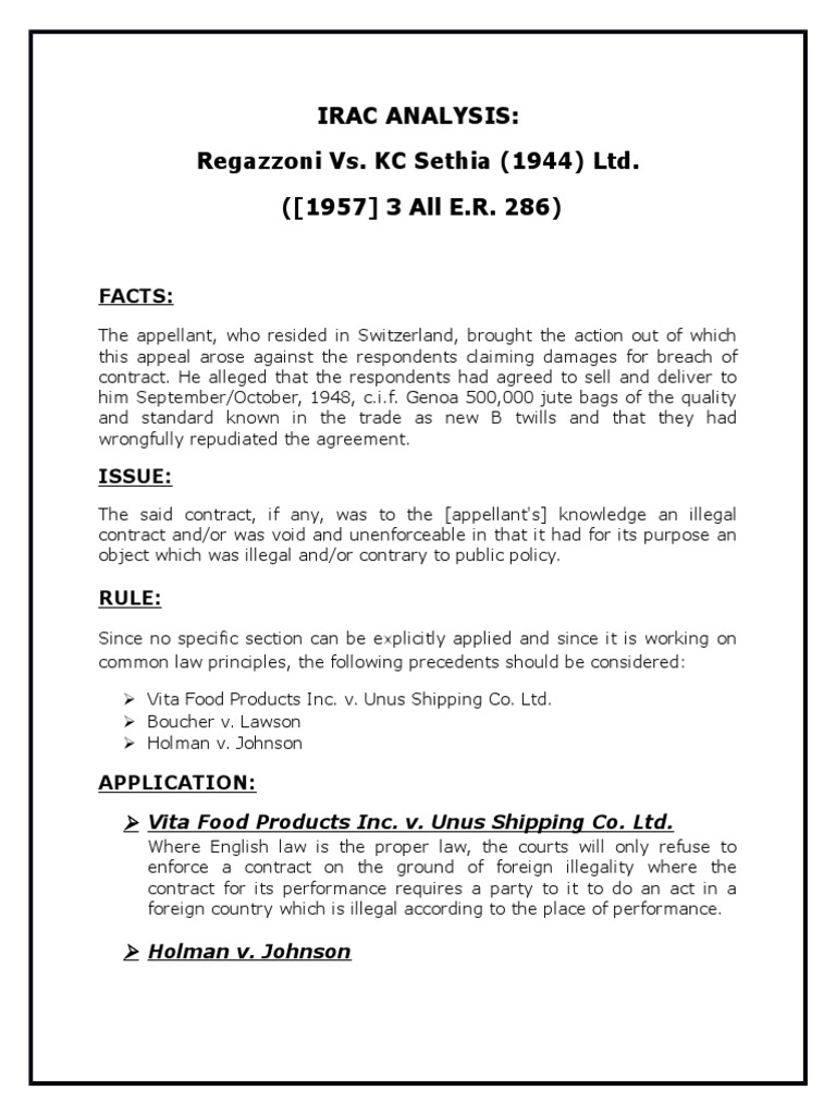Irac Analysis: Regazzoni vs. KC Sethia (1944) Ltd. ( (1957) 3 All E.R ... Irac Analysis: Regazzoni vs. KC Sethia (1944) Ltd. ( (1957) 3 All E.R ...