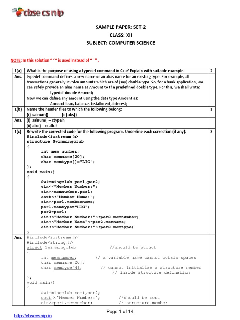 Sample Paper: Set-2 Class: Xii Subject: Computer Science: Page 1 of 14 | PDF | Network Topology ...