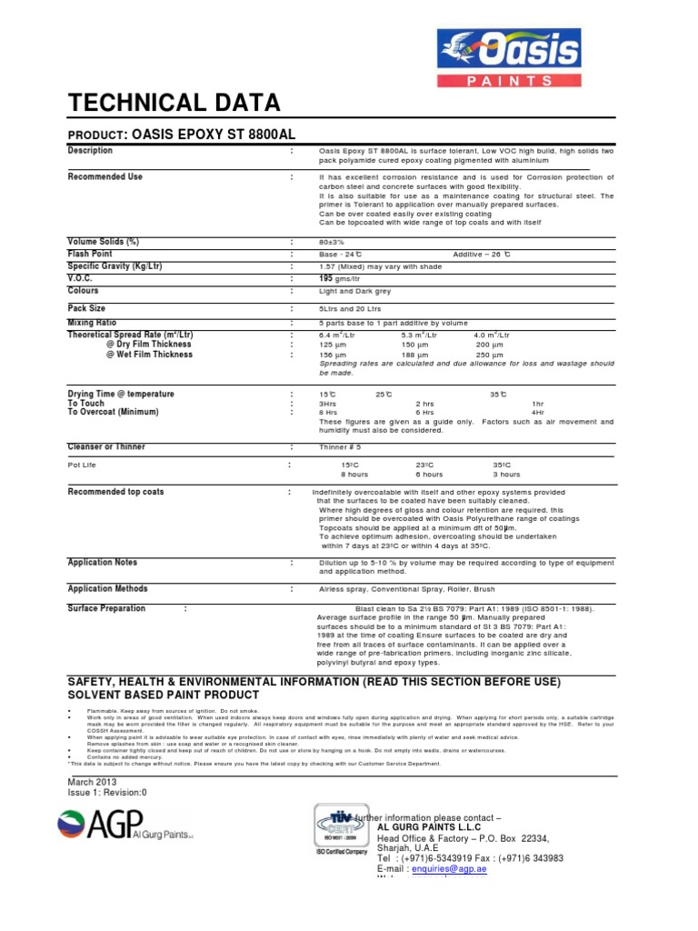 Technical Data:: Oasis Epoxy ST 8800al | PDF | Epoxy | Paint