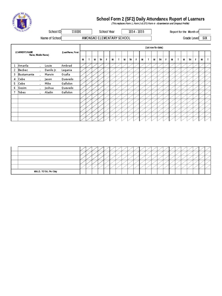 School Form 2 (SF2) Daily Attendance Report of Learners: School ID ...