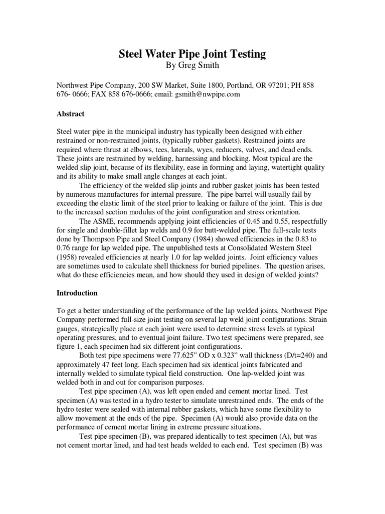 Steel Water Pipe Joint Testing | PDF | Pipe (Fluid Conveyance) | Stress ...