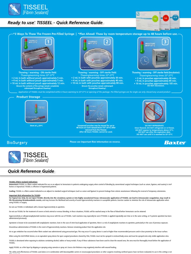 Ready To Use Tisseel - Quick Reference Guide | PDF | Hemostasis | Surgery