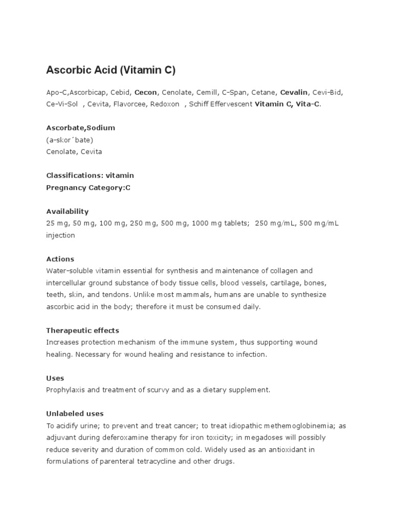 Ascorbic Acid (Vitamin C) : Ascorbate, Sodium | PDF | Vitamin C | Medical Treatments