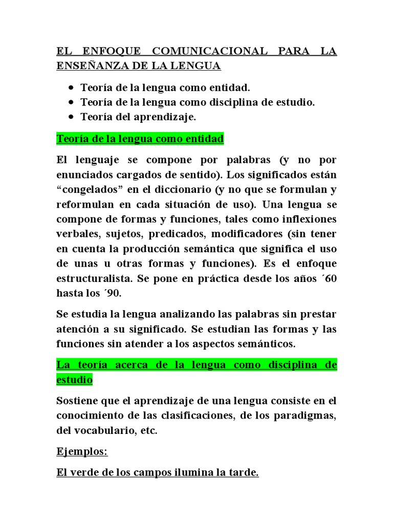 El Enfoque Comunicacional para La Enseñanza de La Lengua | PDF | Oración (Lingüística) | Verbo