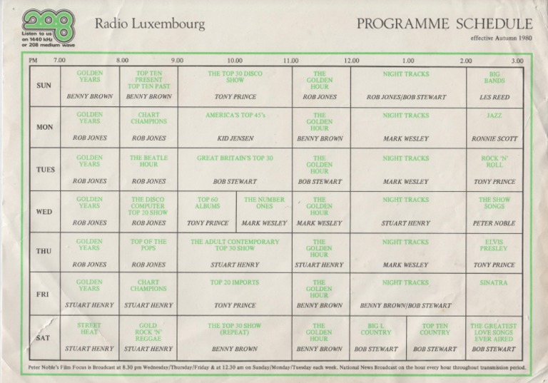 Radio Luxembourg Programme Schedule - Effective Autumn 1980 | PDF ...