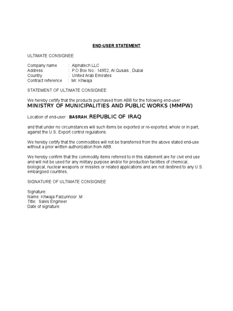 End User Statement | PDF