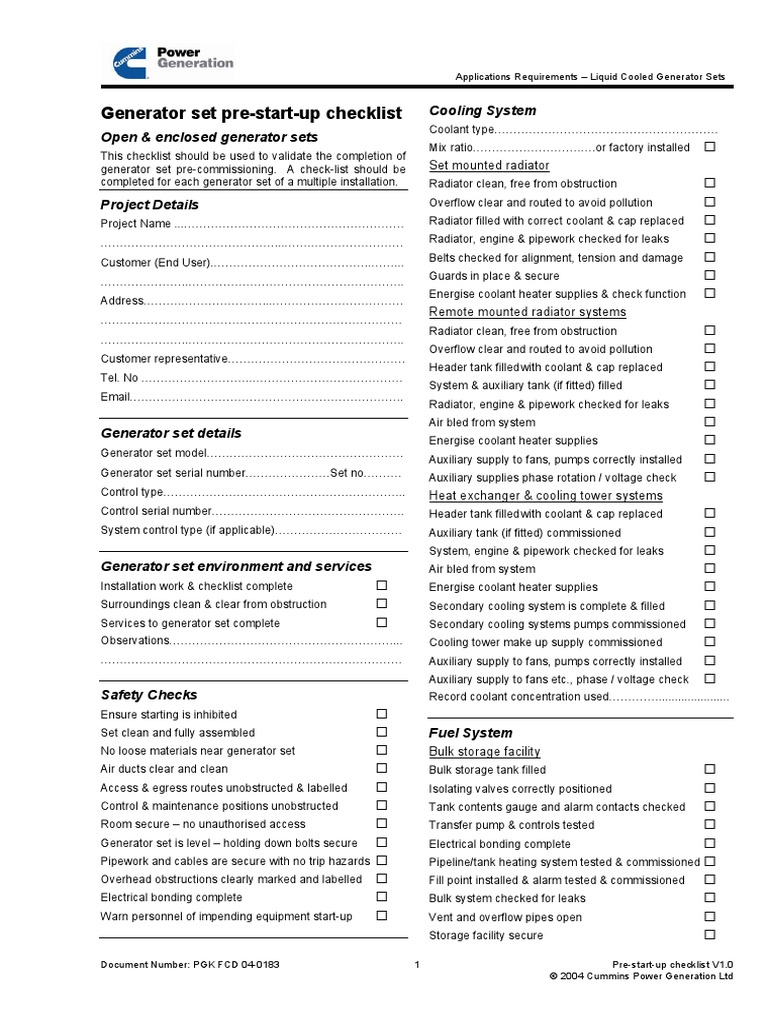 Generator Set Pre-Start-Up Checklist: Open & Enclosed Generator Sets ...