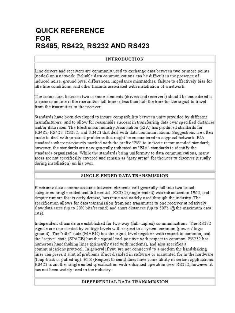 Quick Reference FOR RS485, RS422, RS232 AND RS423 | PDF | Computer Network | Duplex ...