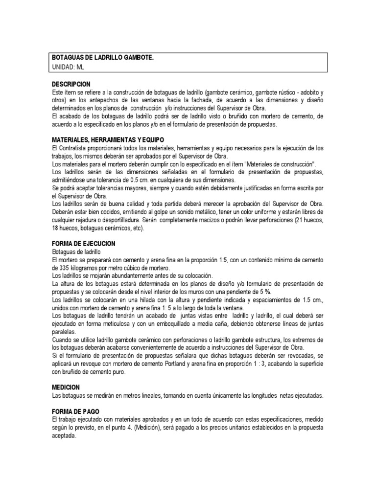 Botaguas de Ladrillo Gambote: Especificaciones | PDF | Ladrillo | Cemento