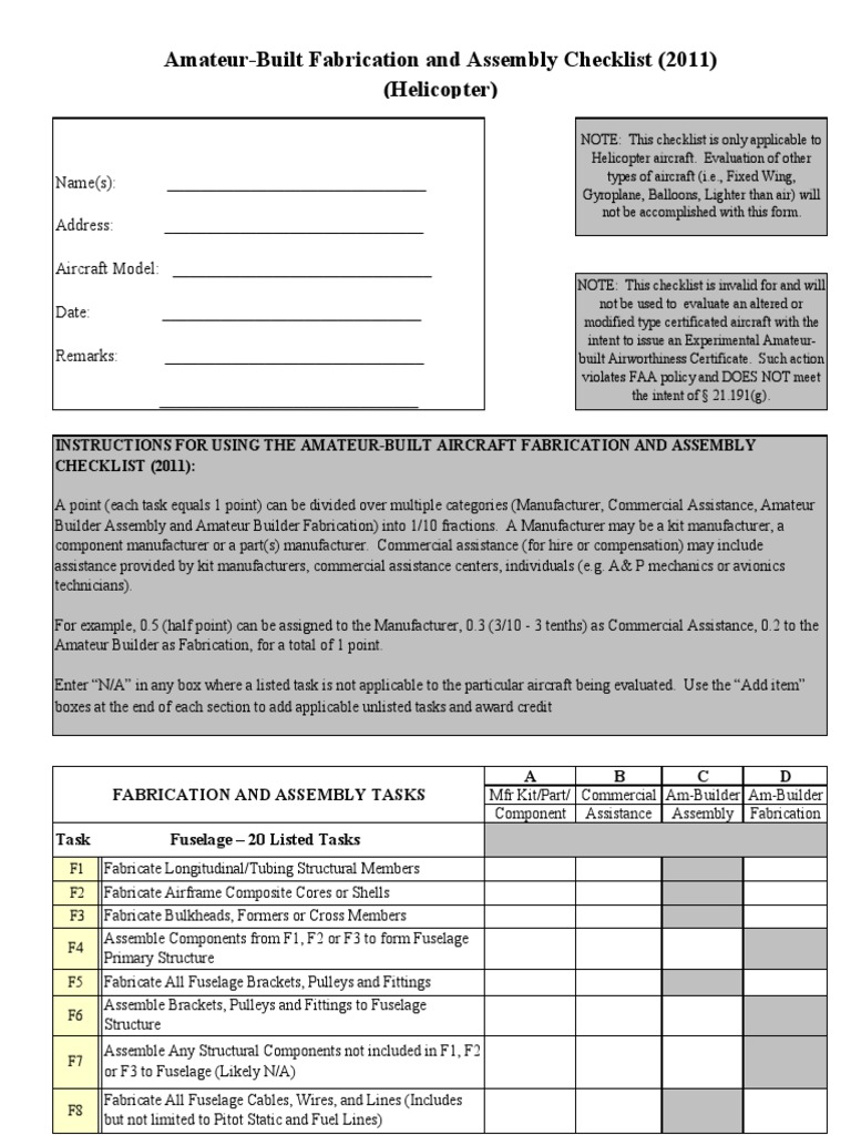 Amateur-Built Fabrication and Assembly Checklist (2011) (Helicopter ...