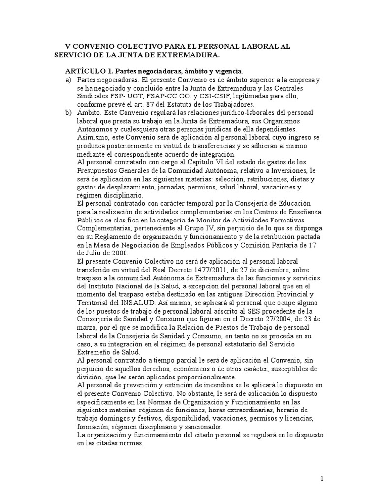 V Convenio Colectivo para El Personal Laboral Al Servicio de La Junta de Extremadura | PDF ...