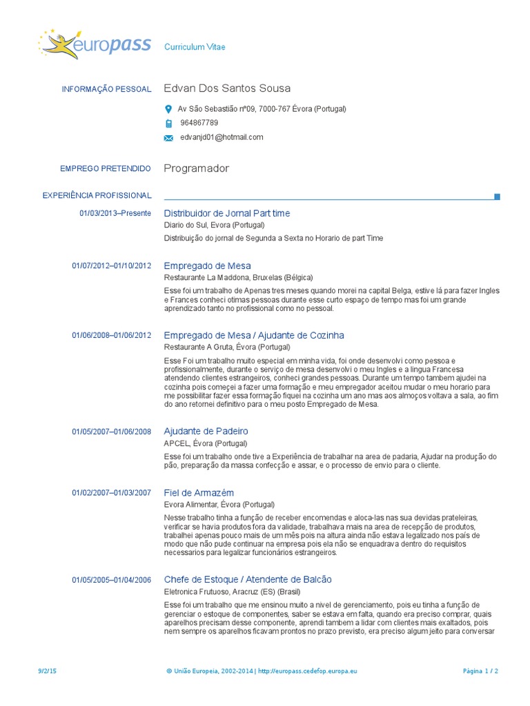 Europass CV 20150209 Dossantossousa PT | PDF | Portugal | Português ...