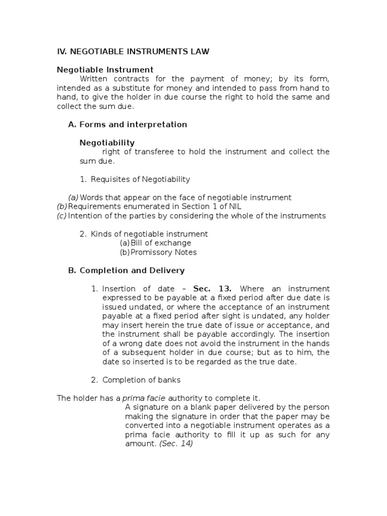 Iv. Negotiable Instruments Law Negotiable Instrument | PDF | Negotiable ...