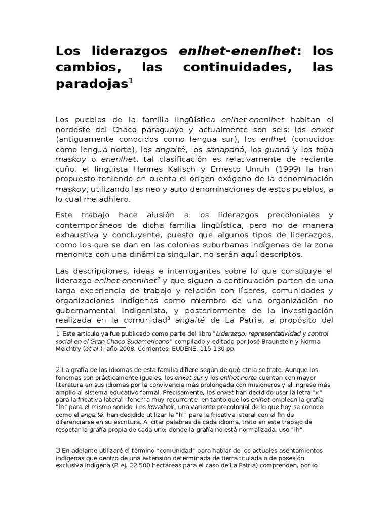 Los Liderazgos Enlhet-Enenlhet. Cambios, Continuidades y Paradojas ...