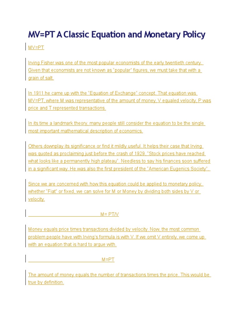 MV PT A Classic Equation and Monetary Policy | PDF | Value (Economics ...