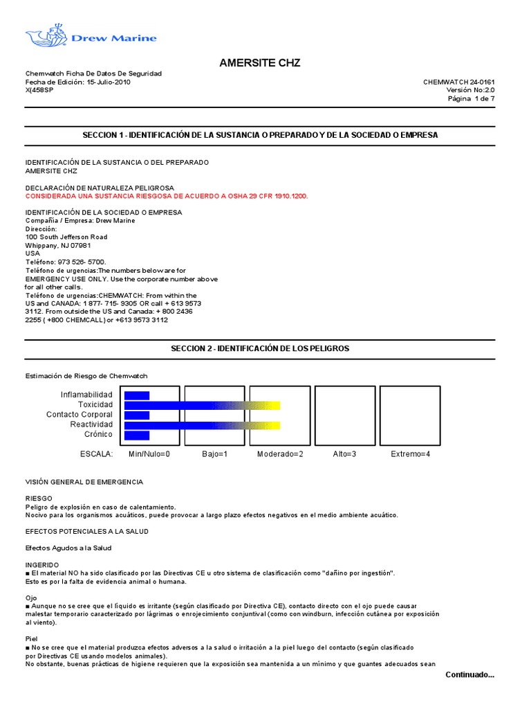 FDS AMERSITE CHZ: Riesgos y Manejo | PDF | Primeros auxilios | Agua