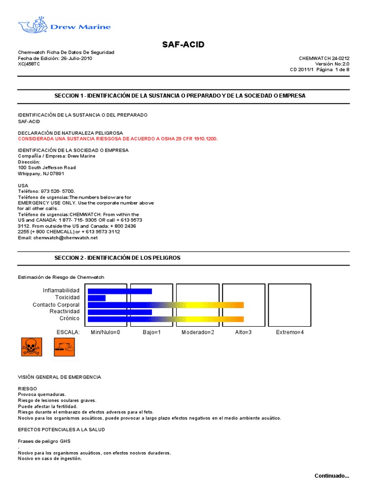 Ficha de Seguridad de SAF-ACID | PDF | Ácido | Hidrógeno