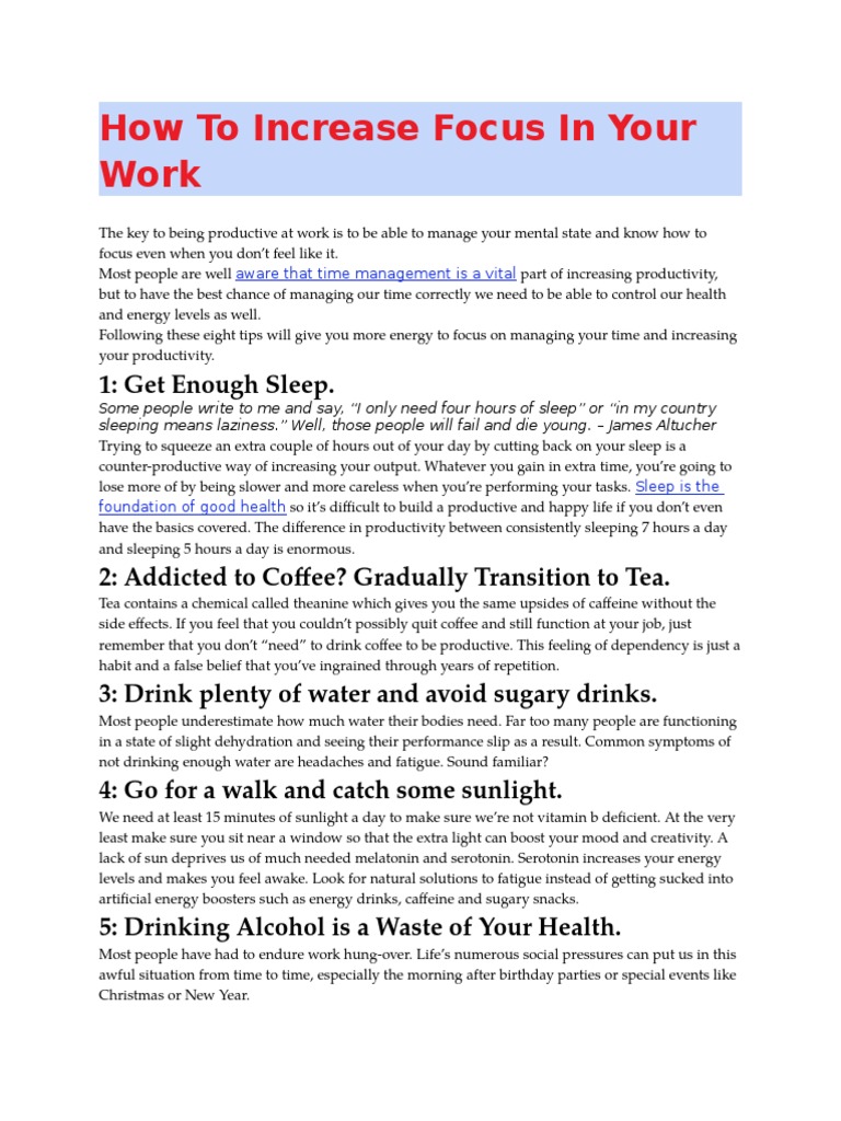 How To Increase Focus in Your Work | PDF | Sleep | Fatigue (Medical)