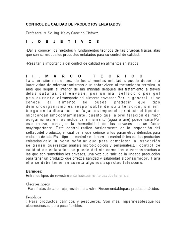 Control de Calidad de Productos Enlatados | PDF | Pulgada | Vacío