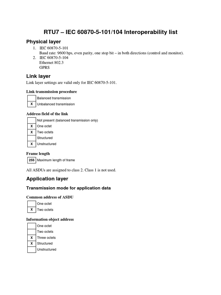 RTU7 - Interoperability List IEC 60870-5-101 and 104 | PDF | Transmission Control Protocol ...