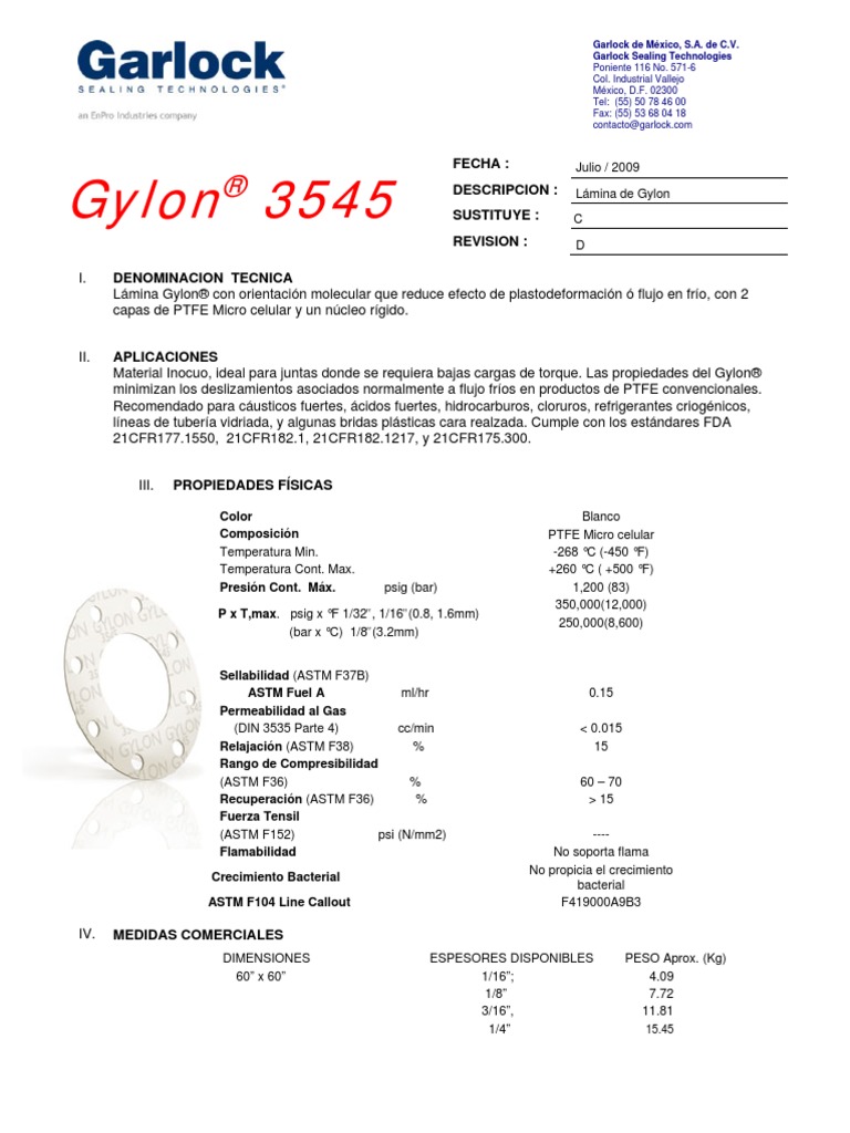 Hoja Tecnica Gylon 3545 PDF | PDF | Química | Science