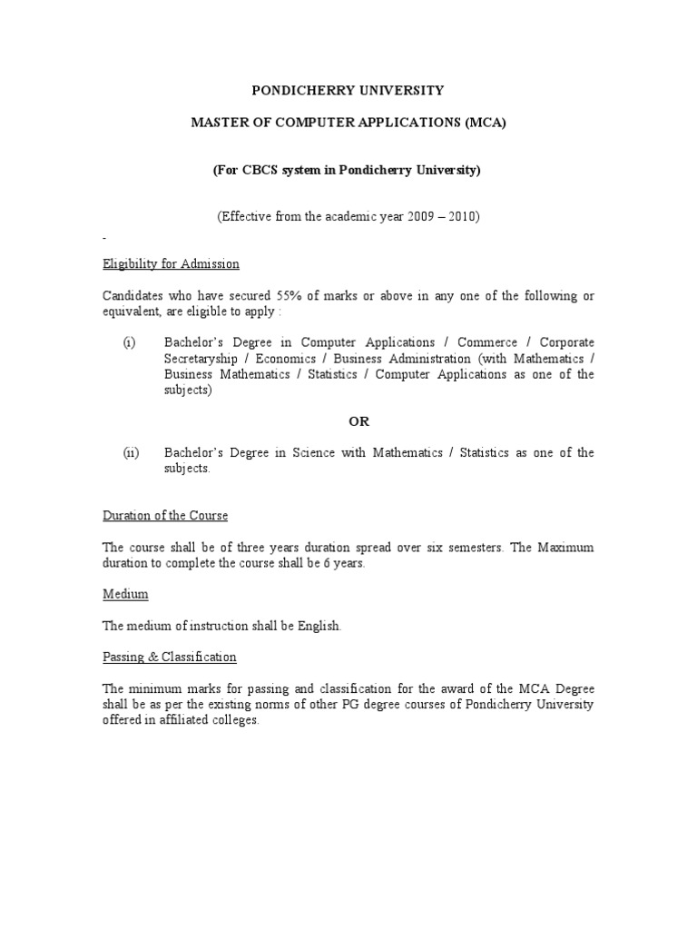 Pondicherry University Mca Syllabus Mca Cbcs 2009 Pdf Parsing Relational Database 