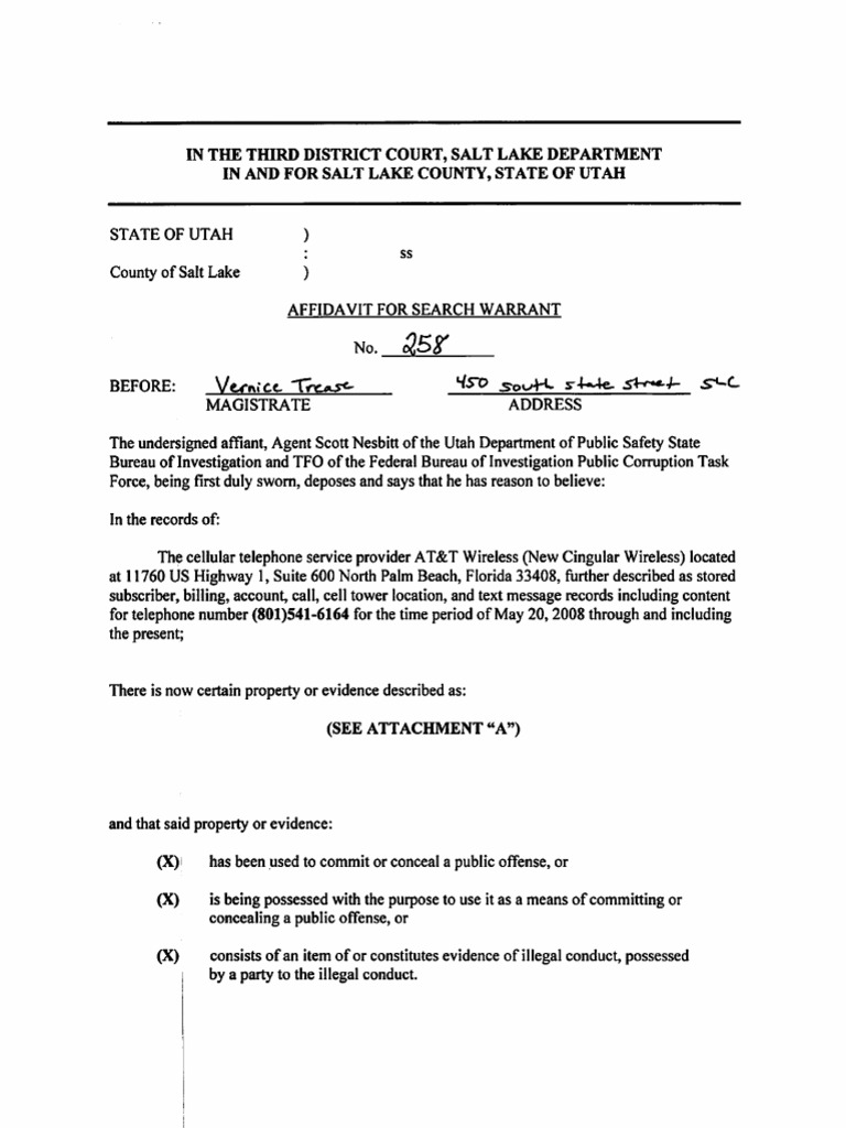 Shurtleff Search Warrant - Text, Emails | PDF