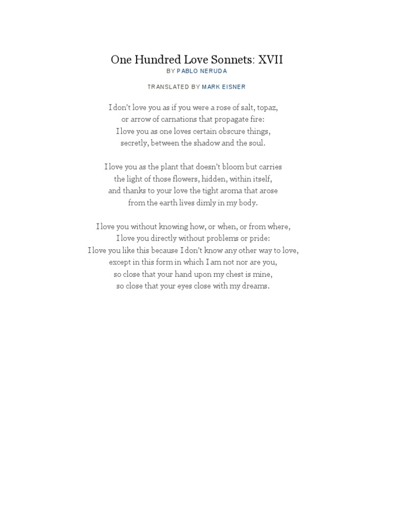 One Hundred Love Sonnets: XVII by Pablo Neruda - Mark Eisner ...