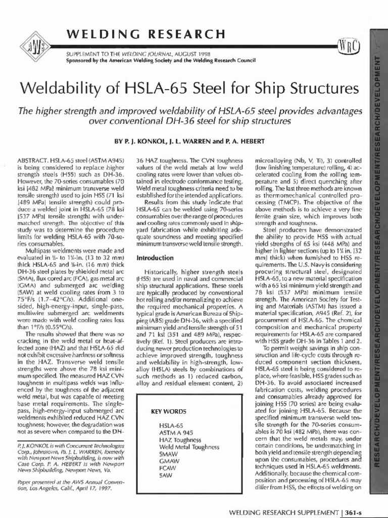 1998-Weldability of HSLA-65 Steel For Ship Structures | PDF | Welding ...