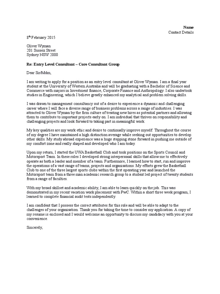 Oliver Wyman Cover Letter | Download Free PDF | Consultant | Cognition