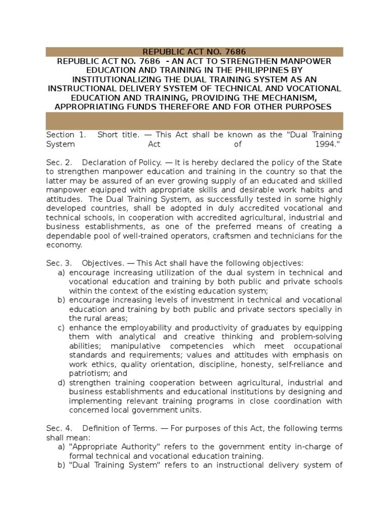 R.A. No. 7686 - Dual Training System Act of 1994 | PDF | Vocational ...